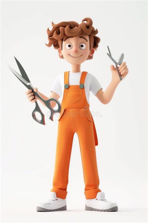 3d Cartoon Girl Character In An Orange Jumpsuit Holding Large Scissors And Smiling Stock