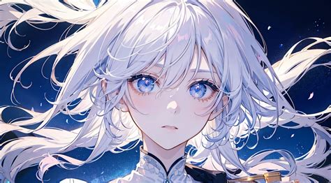 어깨 주위로 우아하게 흐르는 눈에 띄는 흰 머리카락을 가진 애니메이션 소녀를 디자인하세요 그녀는 머리와 아름답게 대조되는 세련되고 우아한 의상 Seaart Ai