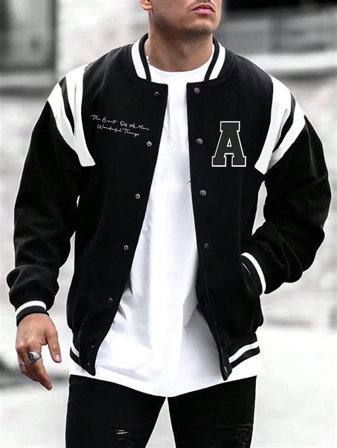Manfinity Homme Men Slogan Graphic Striped Trim Drop Shoulder Varsity