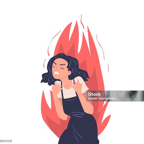 분노의 벡터 일러스트 레이 션으로 이빨을 움켜 쥐고있는 화염에 분노한 얼굴을 가진 화난 여자 열 개념에 대한 스톡 벡터 아트 및
