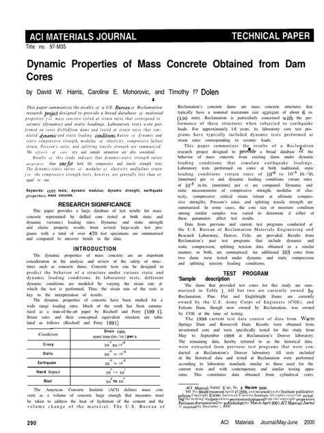 Dynamic Properties Of Mass Concrete Obtained From Dam Cores Harris