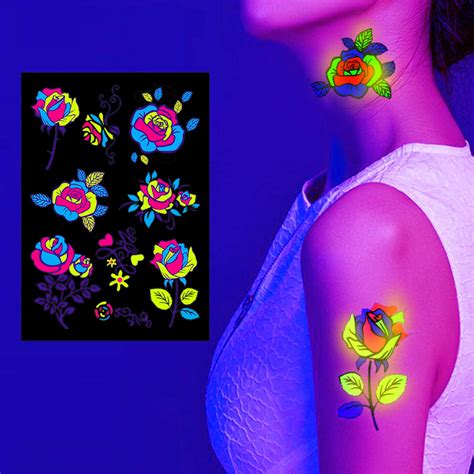Howaf 8 Large Sheets Neon Temporary Tattoos60 Shimmer Designs Glow Uv Neon Body Face Skin