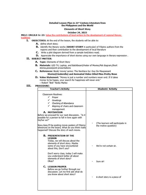 Detailed Lesson Plan Cot1 21st Lit Elemnts Of Short Story Ea