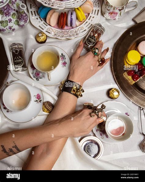 Colorful Tea Party With Tea And Pastries Stock Photo Alamy