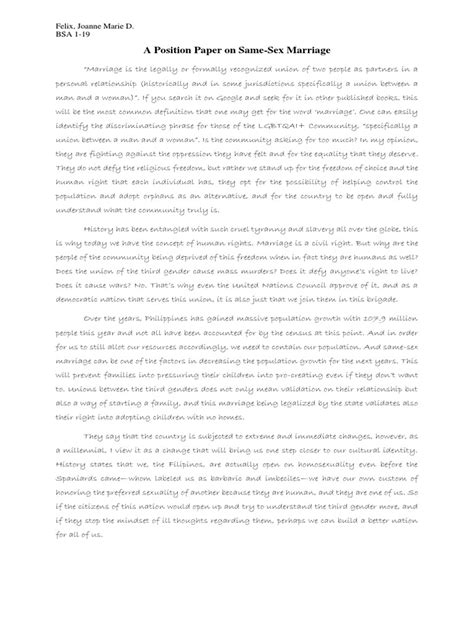 A Position Paper On Same Sex Marriage Felix Joanne Marie D Bsa 1 19