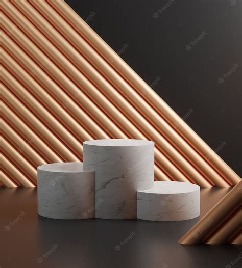 3d 렌더링 대리석 연단 장면과 검정색 배경에서 골드 알루미늄 3 기통 고급스러운 미니멀리스트 모형 프리미엄 사진