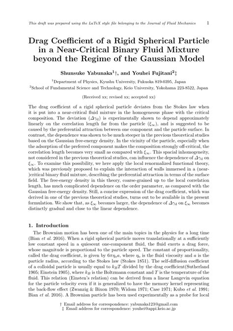 Pdf Drag Coefficient Of A Rigid Spherical Particle In A Near Critical Binary Fluid Mixture