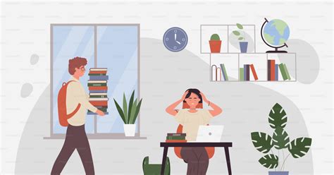 학생 십대 사람들은 집에서 함께 벡터 일러스트레이션을 공부합니다 책 더미를 들고 있는 만화 어린 소년 노트북과 교과서를 들고