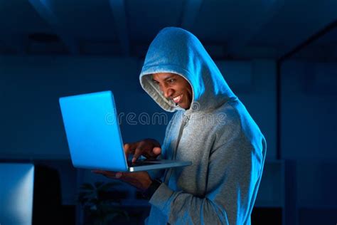 Night Black Man Or Hacker Phishing On Laptop For Cybercrime Malware Or Stealing Online Data