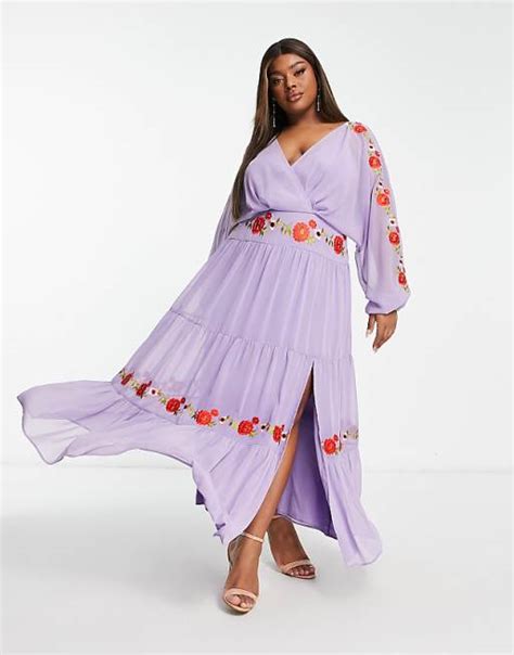 Asos Design Curve V Neck Batwing Chiffon Maxi Dress With Embroidery