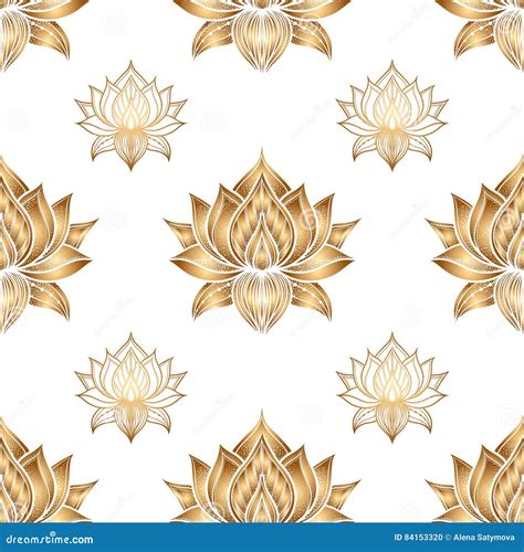 Seamless Pattern With Lotus Flowers Vector Hand Drawn Illustration