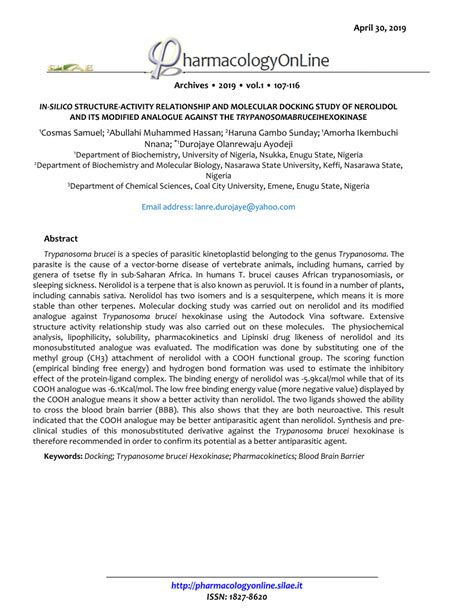 Pdf In Silico Structure Activity Relationship And Molecular Docking