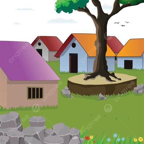 Village Houses With Big Tree Vector Illustration Village Houses Tree