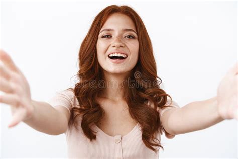 Close Up Tender Cute Redhead Girl In Blouse Hold Camera With Both