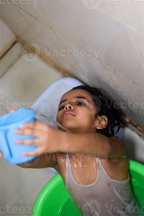 Cute Indian Girl Having Bath During The Summer Vacation Season Cute