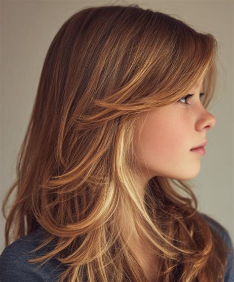 Layered Haircut For 13 Year Old Girls With Soft Curtain Bangs