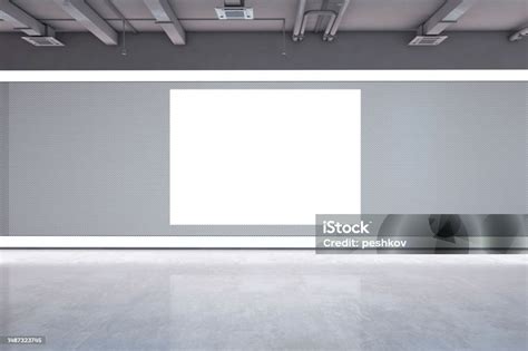 현대적인 어두운 그런지 콘크리트 전시장 내부에는 벽에 빈 흰색 모형 프레임이 있습니다 3d 렌더링 0명에 대한 스톡 사진 및