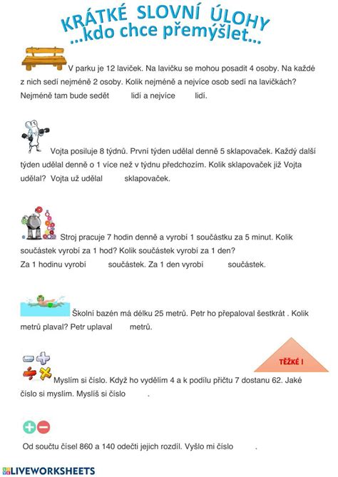 Slovní úlohy online worksheet for 1 stupeň You can do the exercises