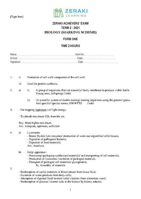 Assigment For Learners Zeraki Achievers Exam Term 2 2021 Biology