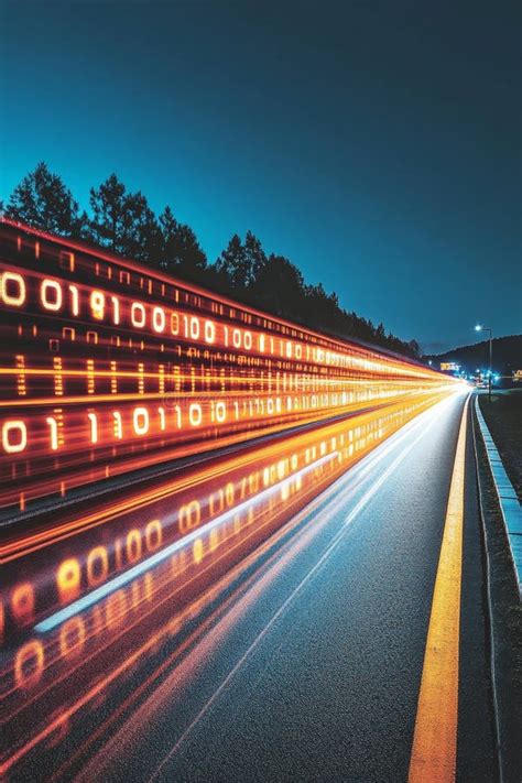 Binary Code Streaming Down Highway Representing High Speed Data