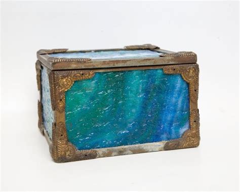 Antique Stained Glass Jewelry Box With Hinge Slag Gla Gem