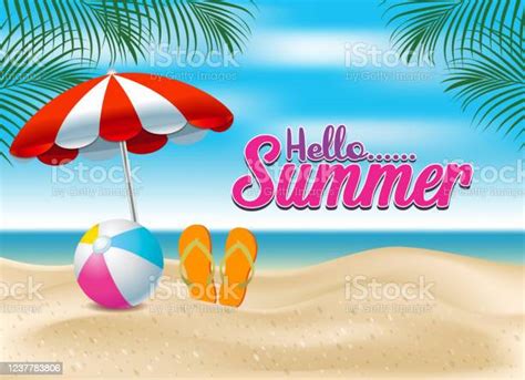 안녕하세요 여름 바다의 배경으로 여름에 해변에있는 우산과 공 여름 축하 배너 디자인의 창조적 인 개념 현실적인 디자인 스타일 벡터 디자인 0명에 대한 스톡 벡터 아트 및