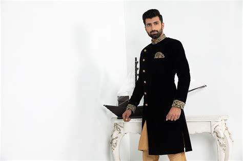 Black Velvet Sherwani With Brocade Collar And Cuff