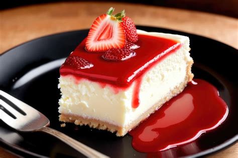Premium Ai Image A Slice Of Cheesecake With Strawberry Sauce On A Black Plate