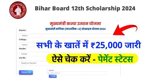 Bihar Board Class 12th Scholarship Payment Status 2024 कक्षा 12वीं