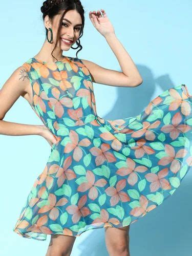 Blue Floral Organza Sleeveless Skater Dress At Rs 1319piece One
