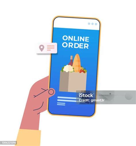 人手使用移動應用程式訂購雜貨快速送貨網上購物電子商務食品訂單概念向量圖形及更多互聯網圖片 互聯網 插圖 訂購 Istock