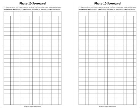 Phase 10 Printable Score Sheet