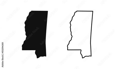 Mississippi Outline State Of Usa Map In Black And White Color Options