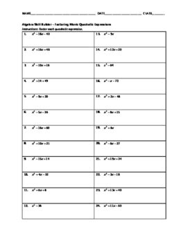Algebra Skill Builder Factoring Monic Quadratic Expressions TPT