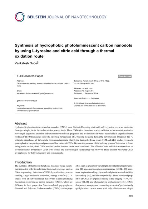 Pdf Synthesis Of Hydrophobic Photoluminescent Carbon Nanodots By