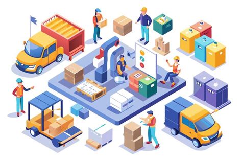 Isometric Illustration Of Warehouse Workers And Robotic Arm Sorting And Packaging Goods