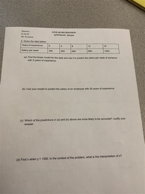 Solved Linear Regression Qjw584 01 20 Pts Statistics