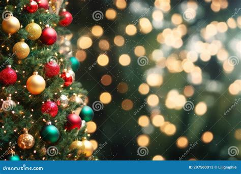 Decorated Christmas Tree With Red Gold Ornaments And Baubles On Golden