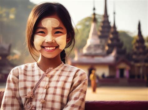 Premium Photo Cheerful Burmese Girl With A Traditional Attire At A