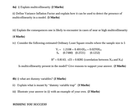 Solved 4a I Explain Multicollinearity 2 Marks Ii Define