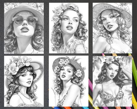 50 Vintage Spring Pin Up Girls Grayscale Adult Coloring Pages Printab