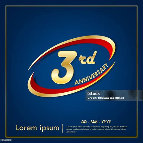 3 주년 기념 헝겊 기념일 우아함 황금 로고 파란색 배경에 빨간 반지 축하 인사말 및 초대 카드에 대 한 벡터 일러스트 템플릿 디자인 3에 대한 스톡 벡터 아트 및 기타