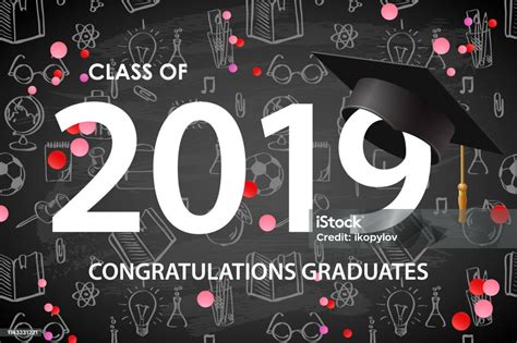 2019의 졸업생 포스터 파티 초대장 골드 색상의 인사말 카드 대학원 포스터 벡터 일러스트 레이 션입니다 졸업식에 대한 스톡