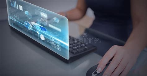 Digital Interface With Data Processing Against Mid Section Of Woman