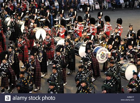 Massed Pipes And Drums Bands Marching At The Edinburgh Tattoo Stock