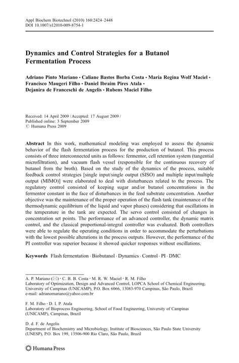 Pdf Dynamics And Control Strategies For A Butanol Fermentation Process