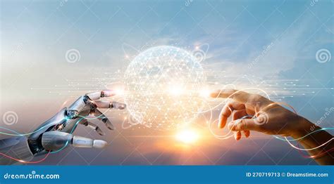 Ai Machine Learning Hands Of Robot And Human Touching Big Data Of
