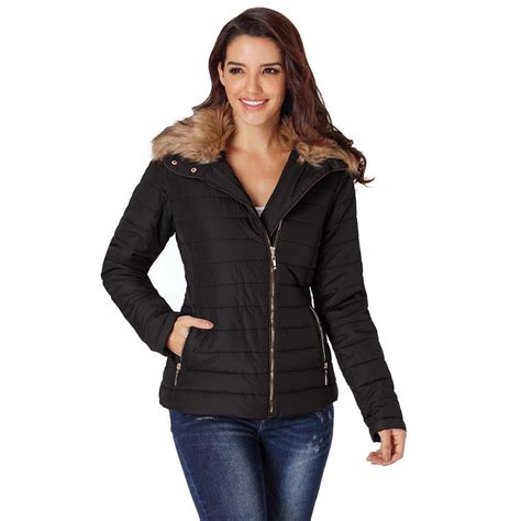 Zipper Pocket Design Fuzzy Hooded Puffer Jacket Cotton Jackets Women