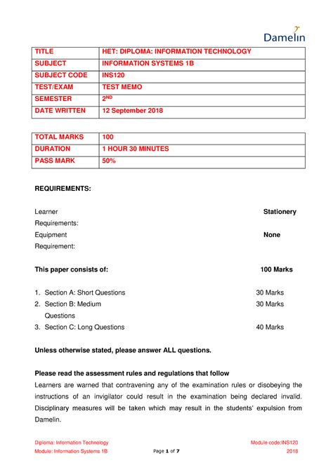 Information Systems 1B Test Memo Diploma Information Technology