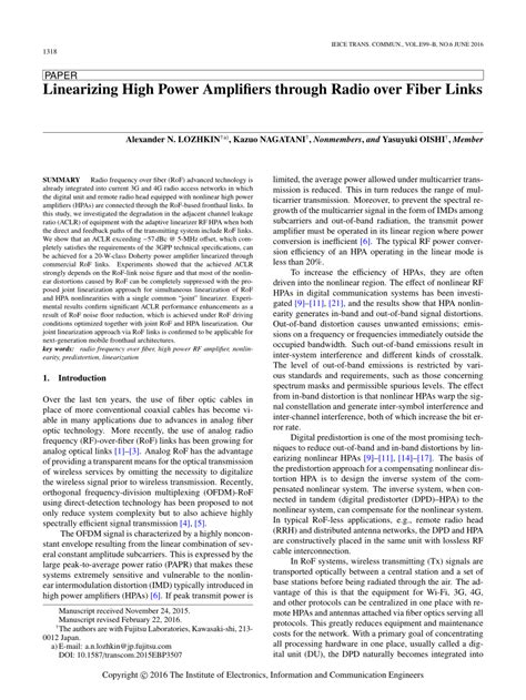 Pdf Linearizing High Power Amplifiers Through Radio Over Fiber Links